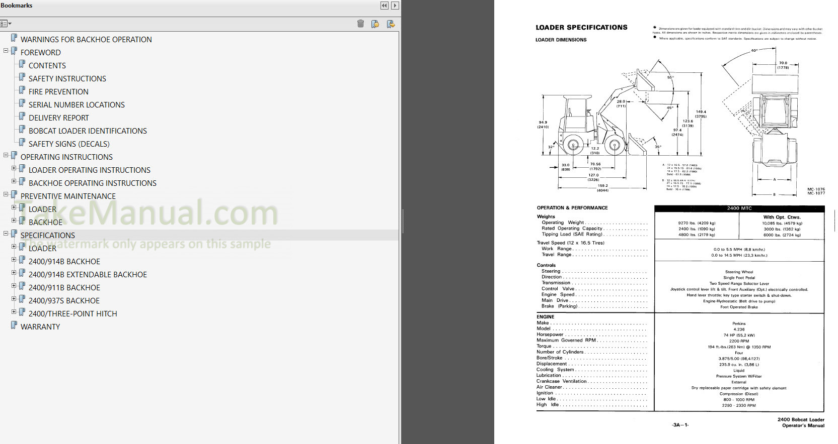 Bobcat 2400 Operation & Maintenance Manual Loader – TakeManual.com