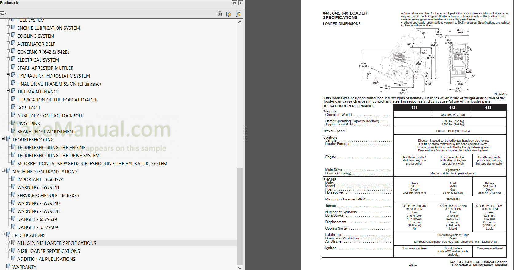 Bobcat 641 642 642B 643 Operation & Maintenance Manual Skid Steer ...
