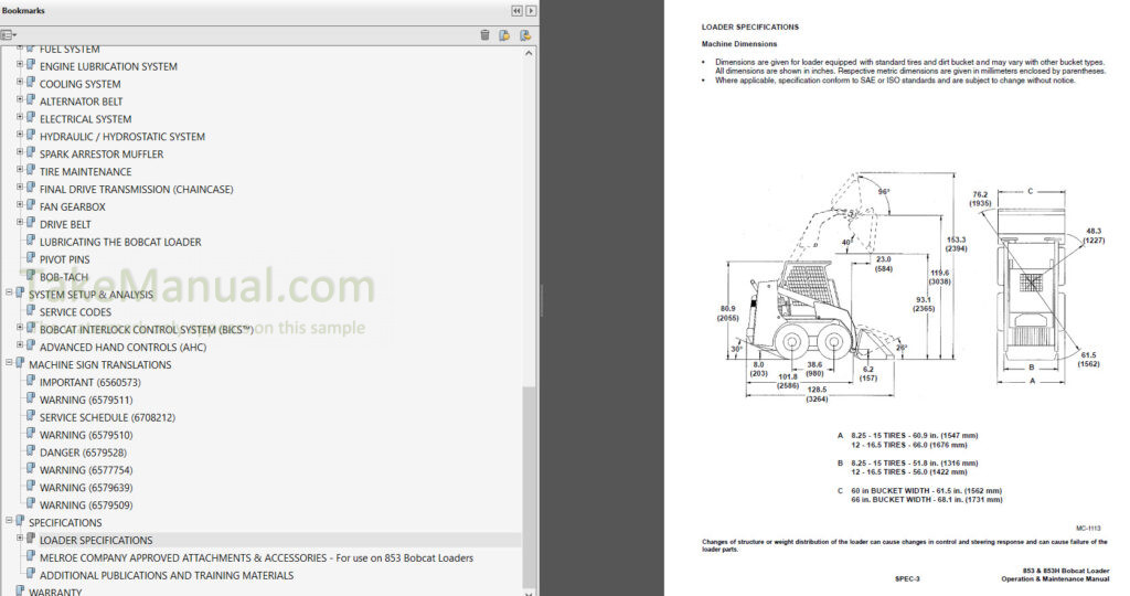 Bobcat 853 853H Operation & Maintenance Manual Skid Steer Loader ...
