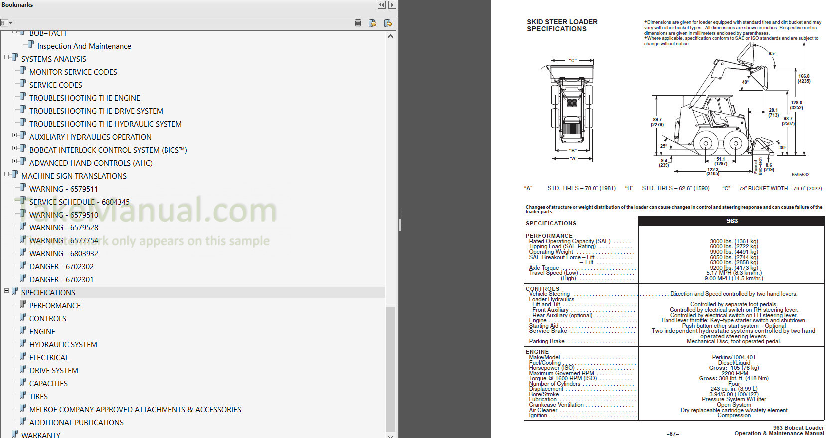 Bobcat 963 Operation & Maintenance Manual Skid Steer Loader ...