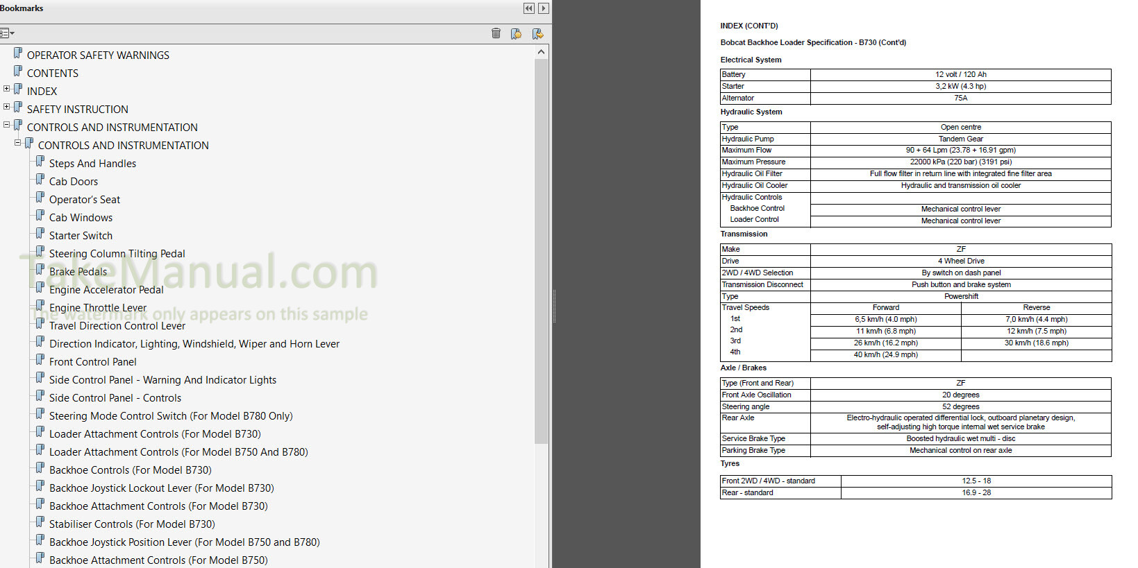 Bobcat B730 B750 B780 Operation & Maintenance Manual Loader Backhoe B45111001- B45211001 ...