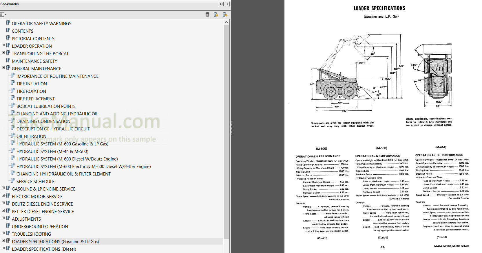 Bobcat M444 M500 M600 Operation & Maintenance Manual Skid Steer Loader – TakeManual.com