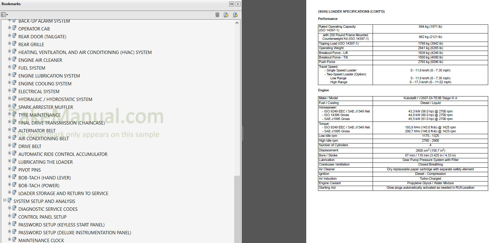Bobcat S550 Operation & Maintenance Manual Skid Steer Loader A3NL11001 ...