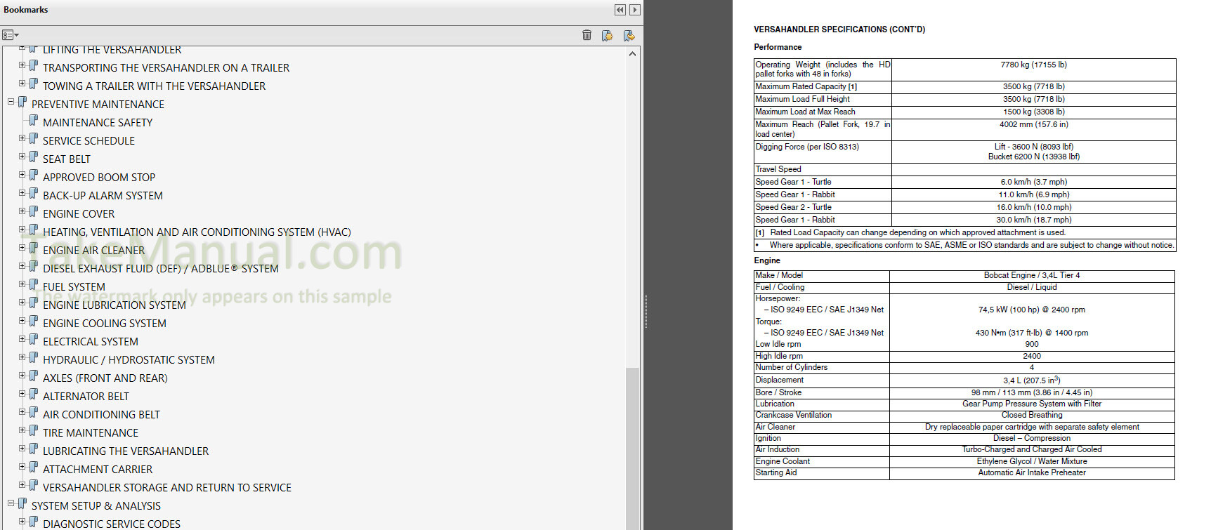 Bobcat Versahandler V723 Operation & Maintenance Manual Telescopic Tool Carrier B4C311001 ...