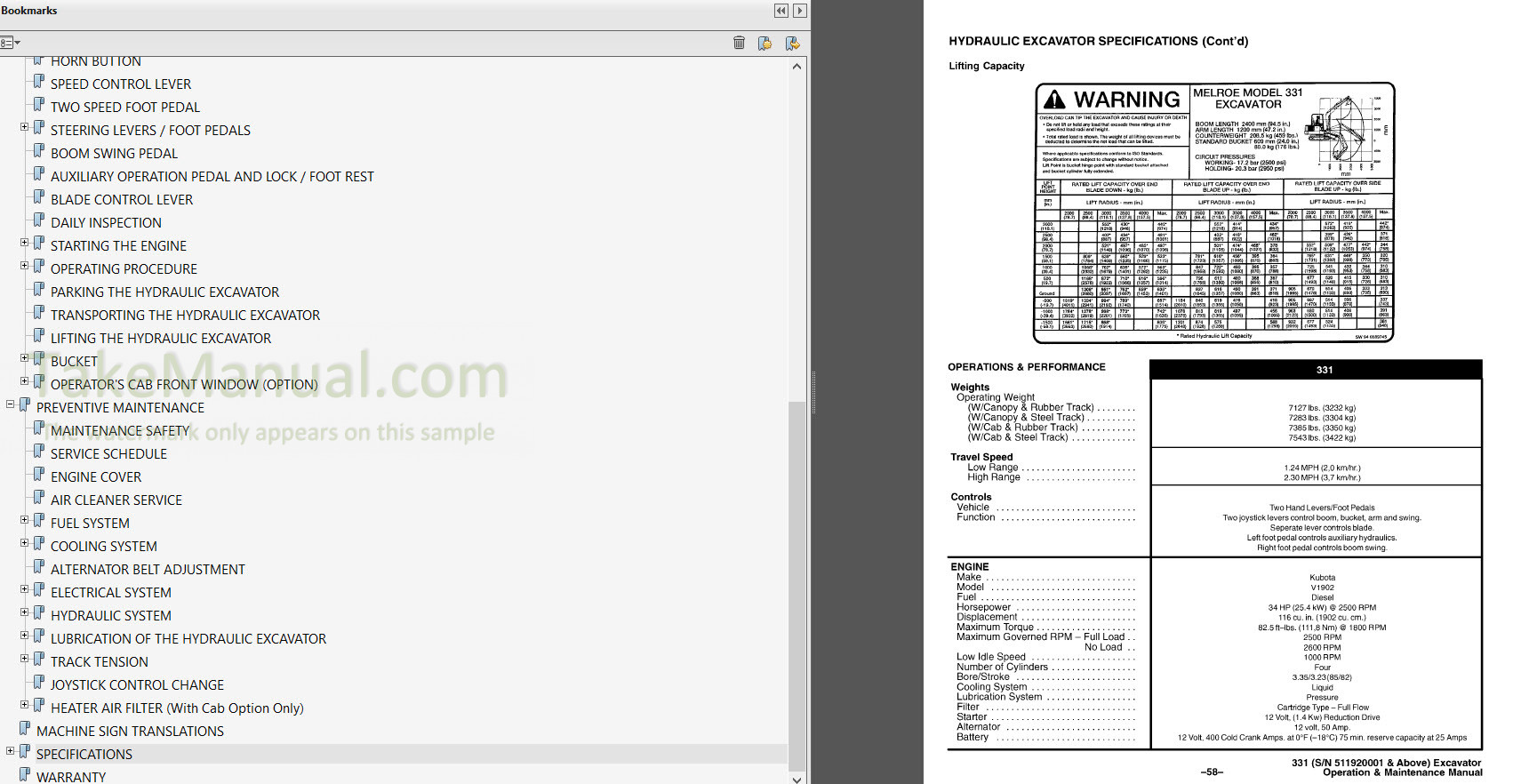 Bobcat X331 Operation & Maintenance Manual Compact Excavator 511920001 ...