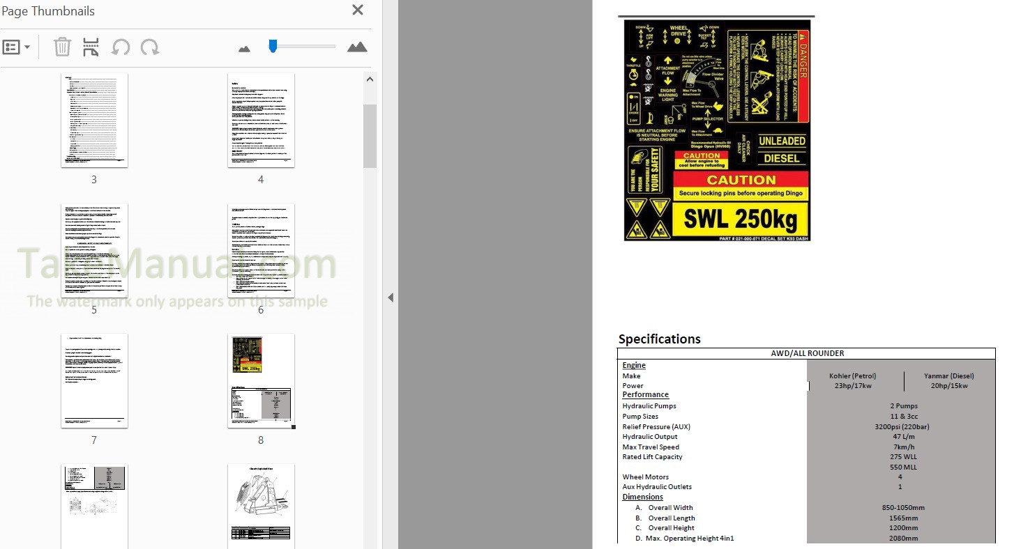 Dingo K93 AWD All Rounder Operation Maintenance Parts Manual Mini ...